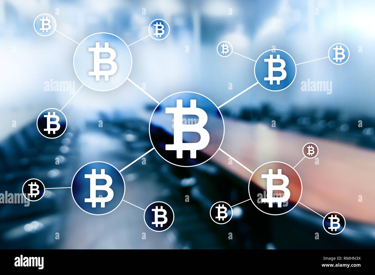 Bitcoin cryptocurrency and blockchain technology concept on blurred ...