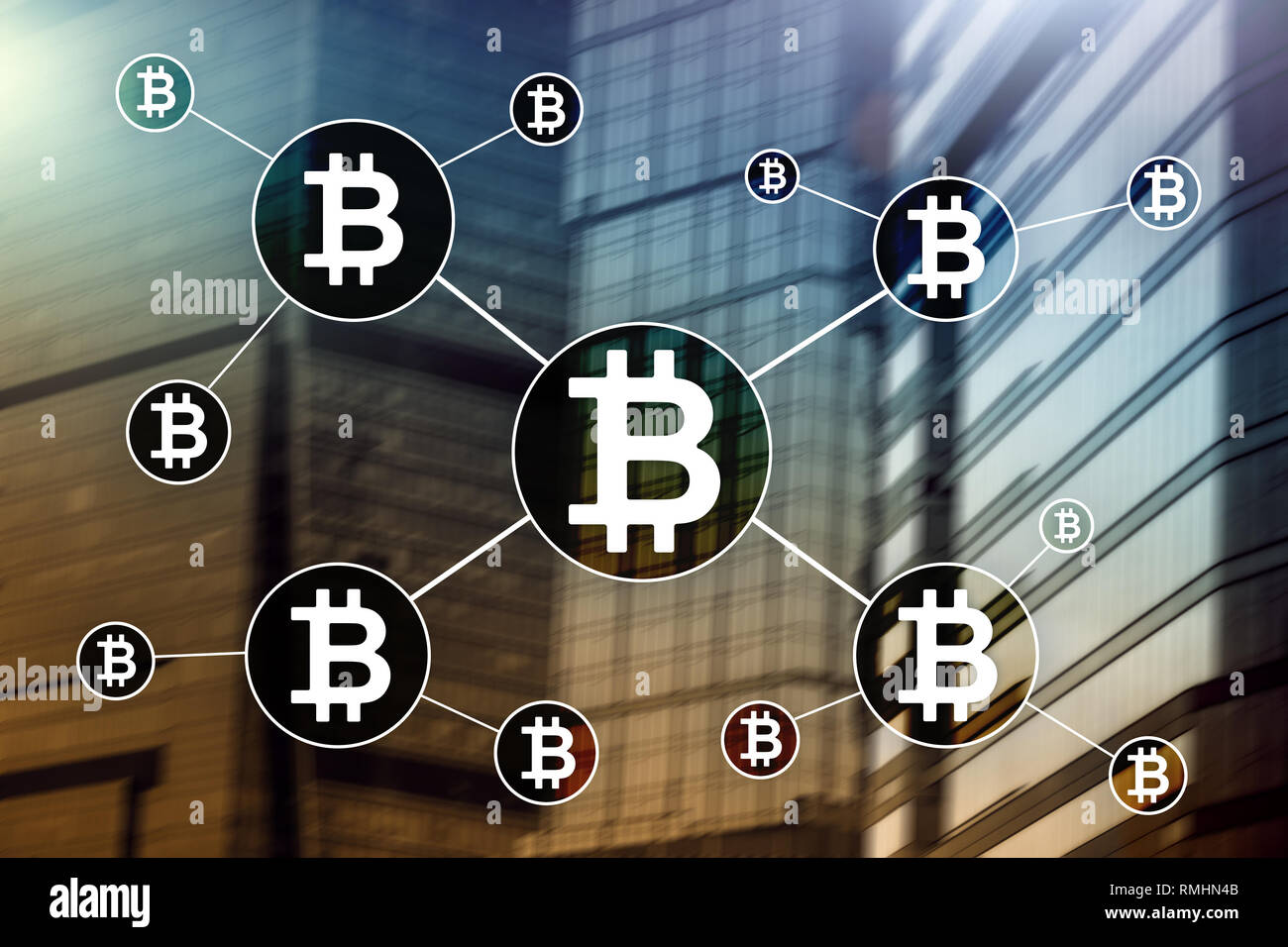 Bitcoin cryptocurrency and blockchain technology concept on blurred ...