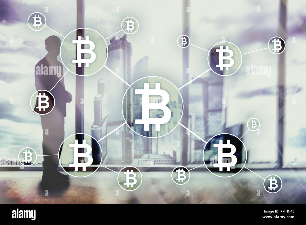 Bitcoin cryptocurrency and blockchain technology concept on blurred ...