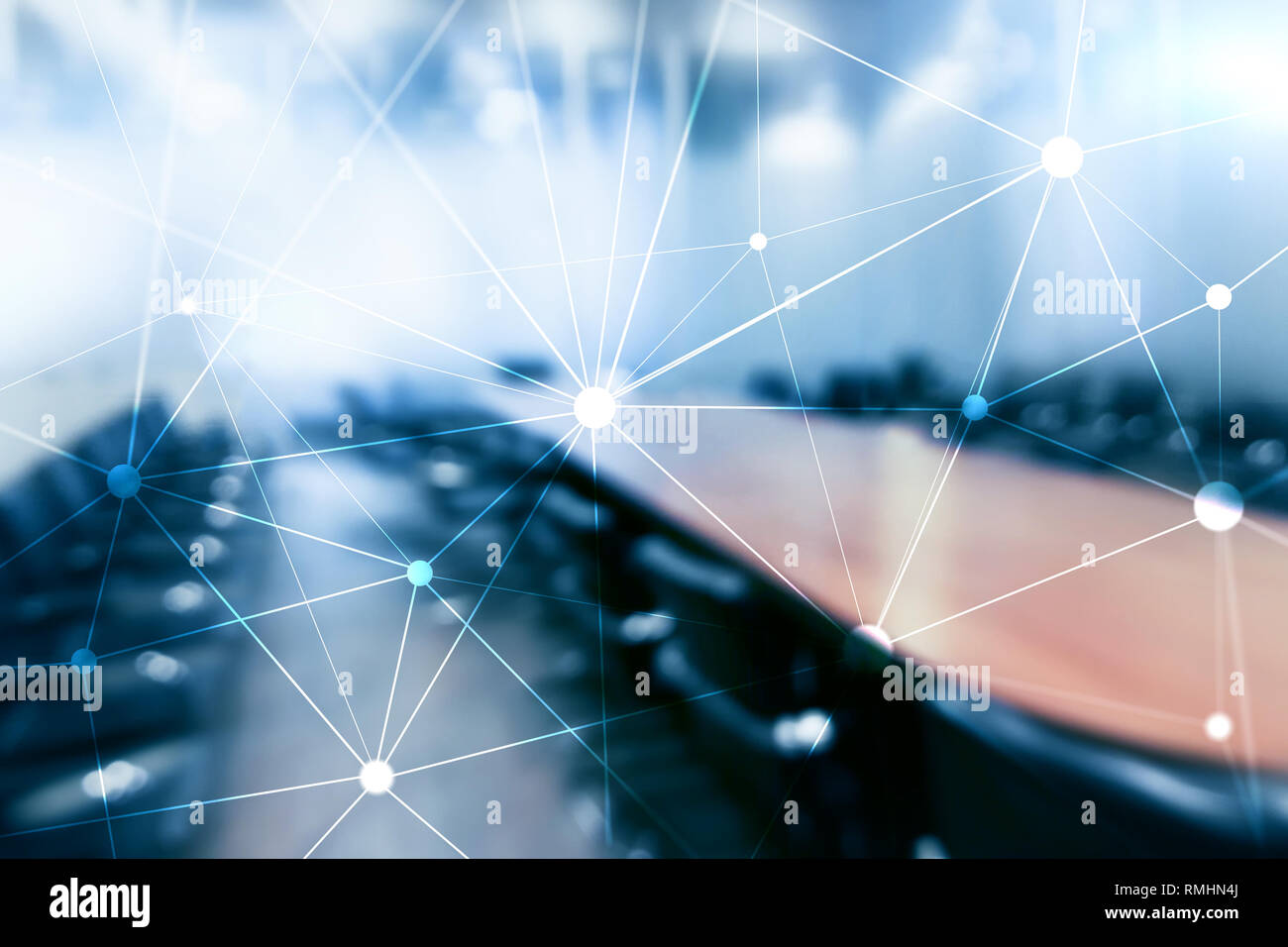 Blockchain network on blurred skyscrapers background. Financial ...