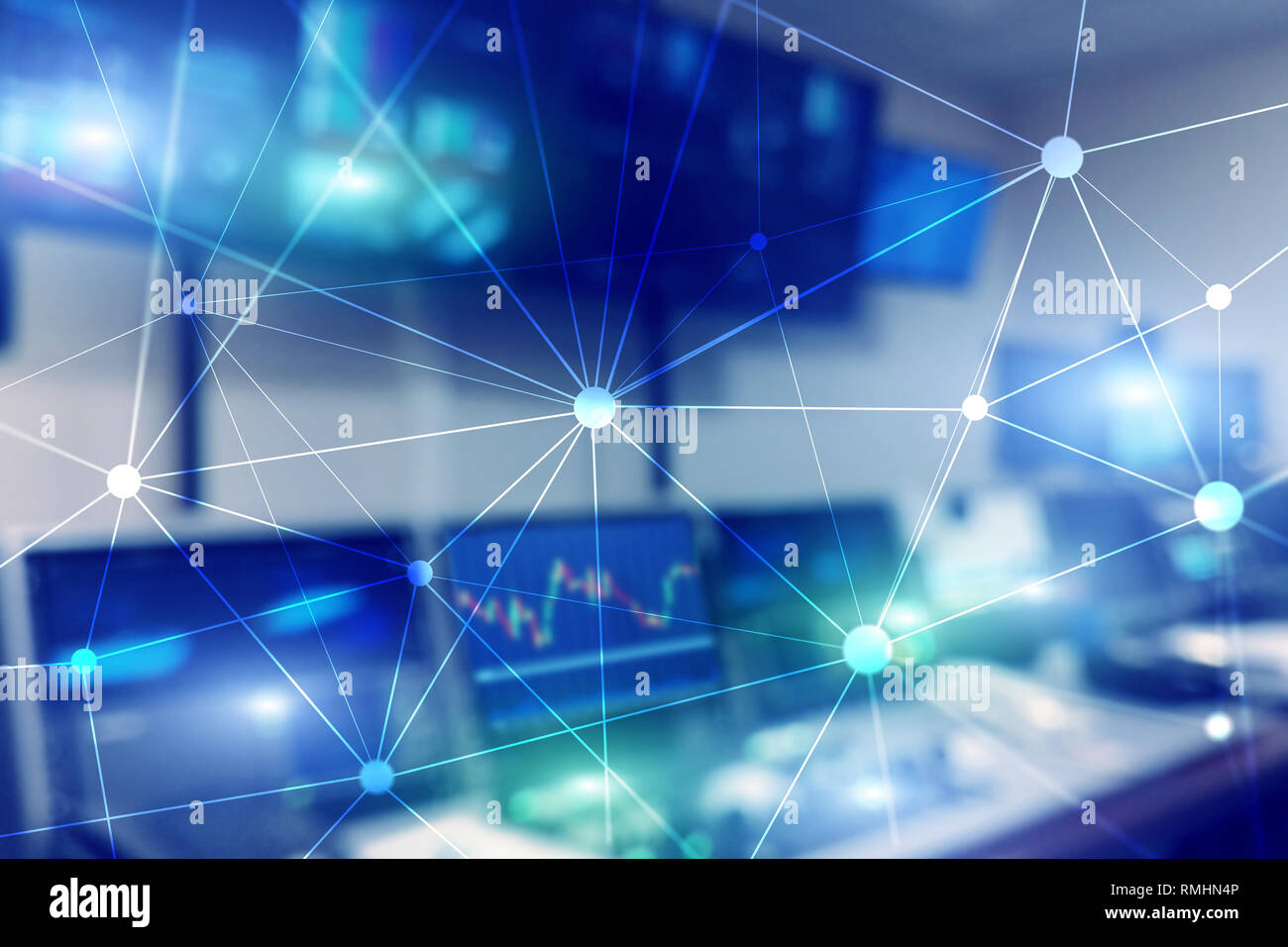 Blockchain network on blurred skyscrapers background. Financial ...