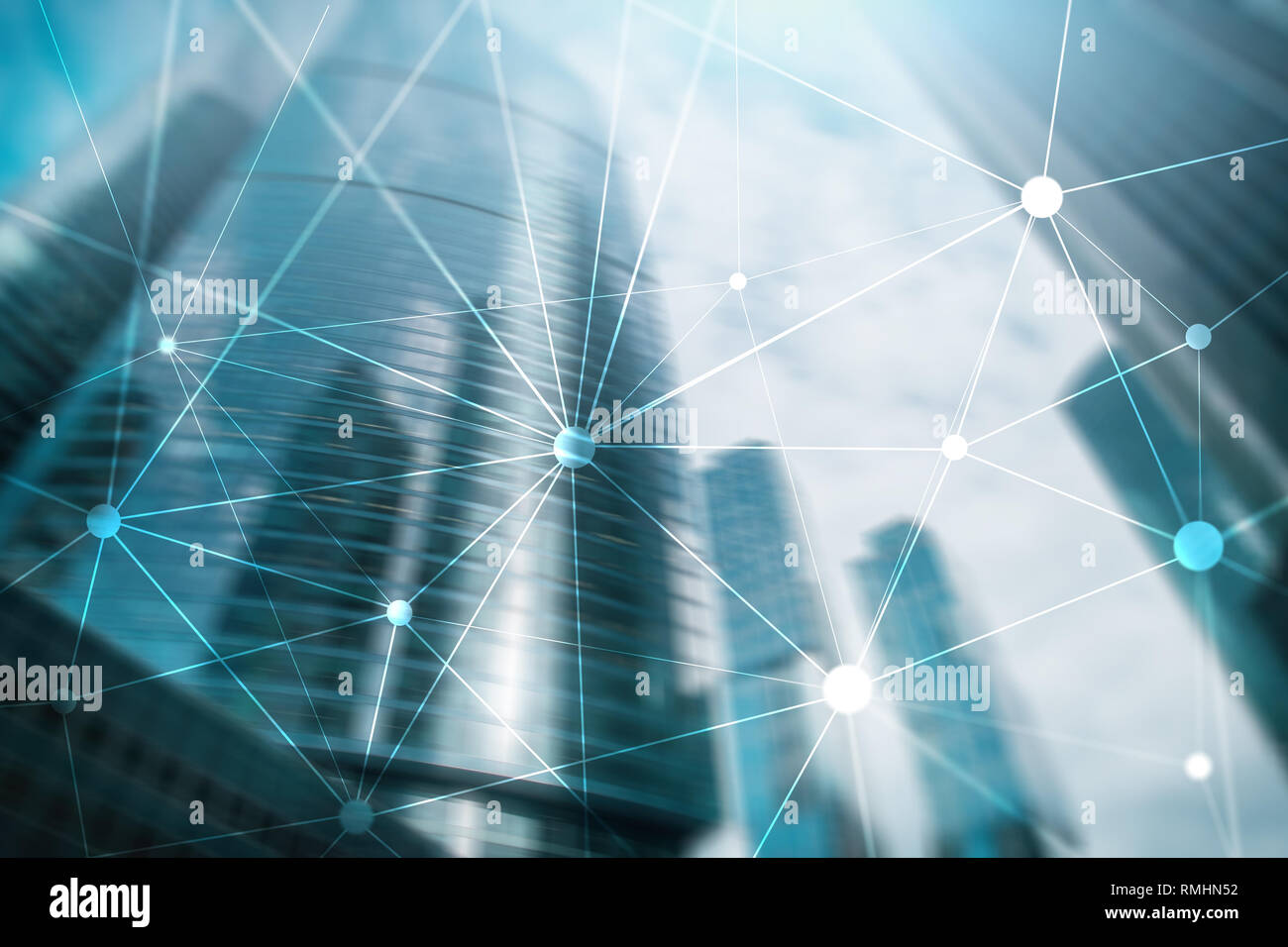 Blockchain network on blurred skyscrapers background. Financial ...