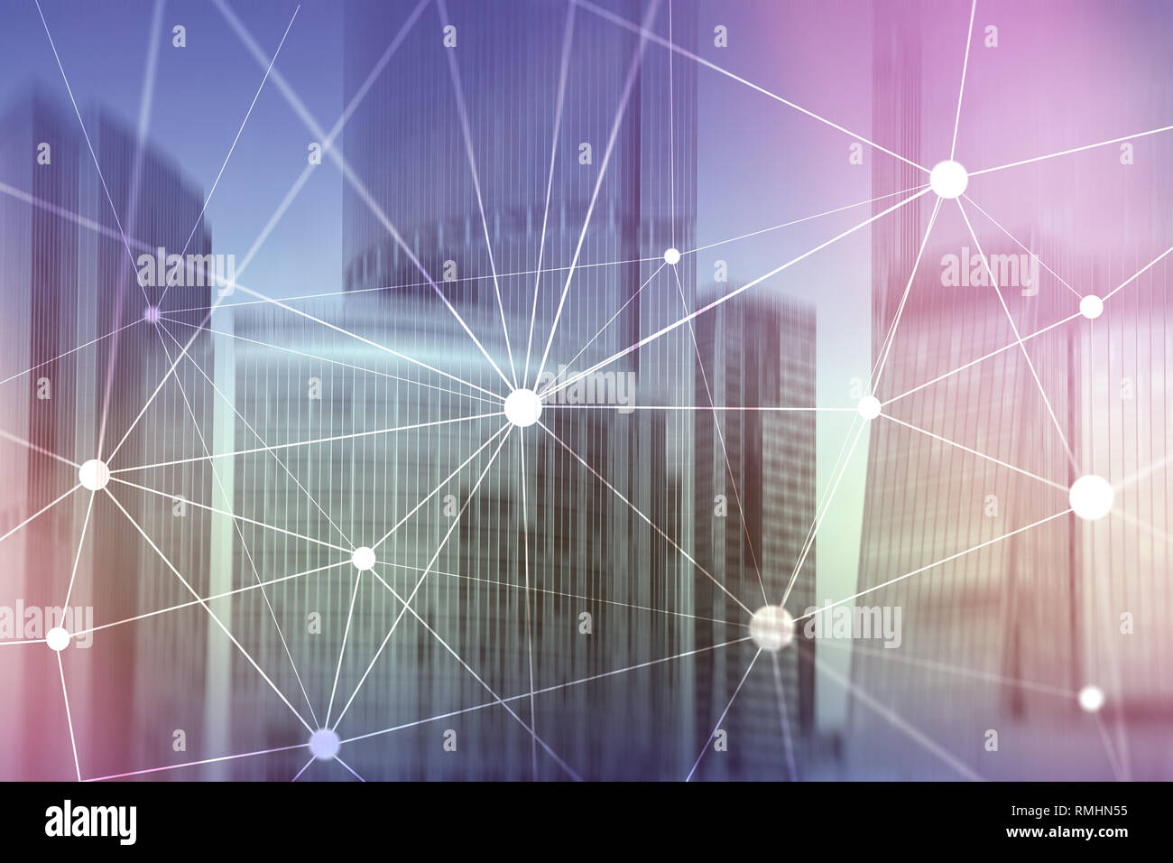 Blockchain network on blurred skyscrapers background. Financial ...