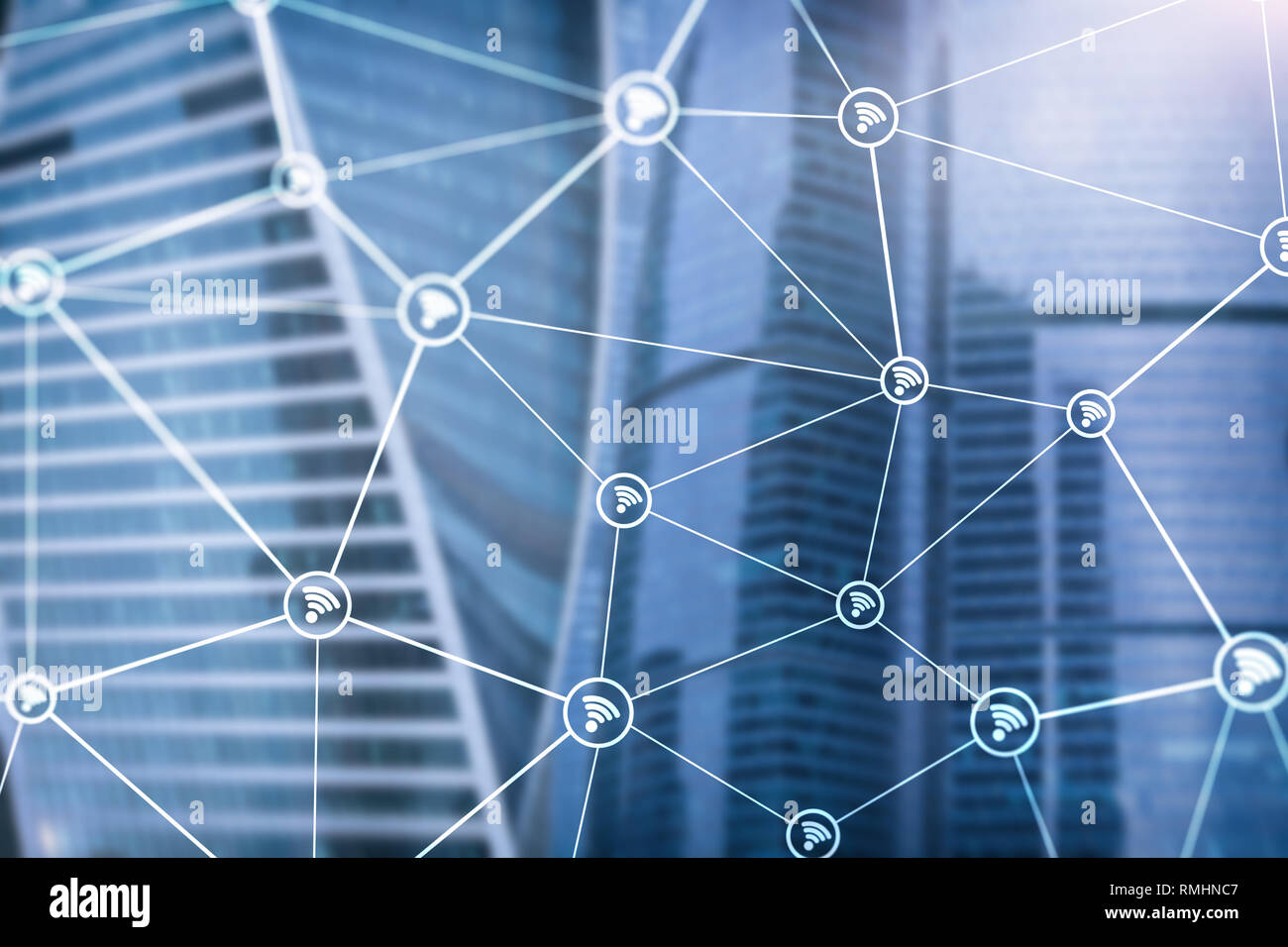 Wifi network on blurred business center background Stock Photo - Alamy