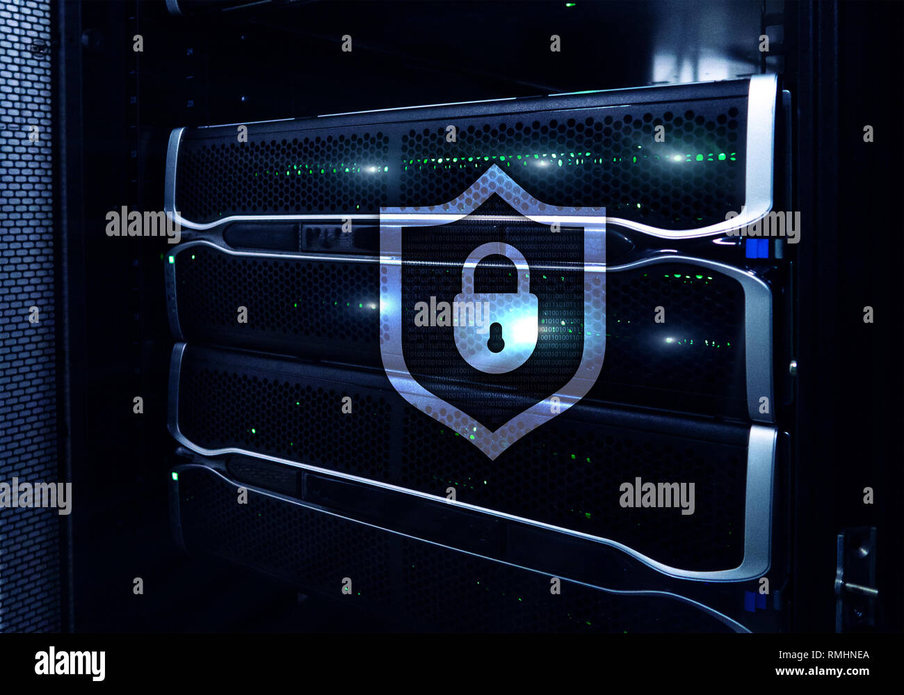 Cyber protection shield icon on server room background. Information ...