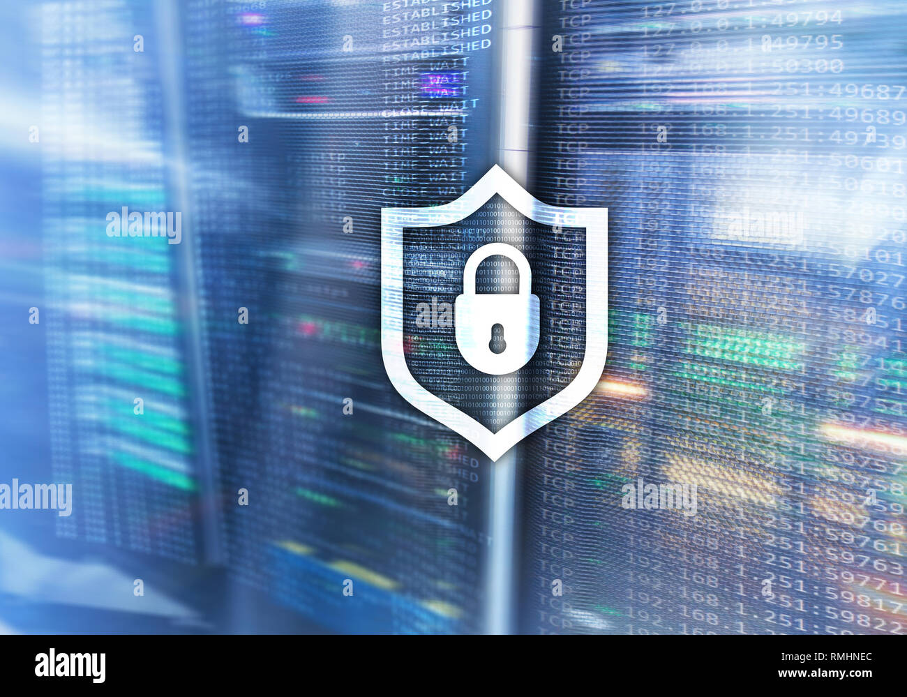 Cyber protection shield icon on server room background. Information ...