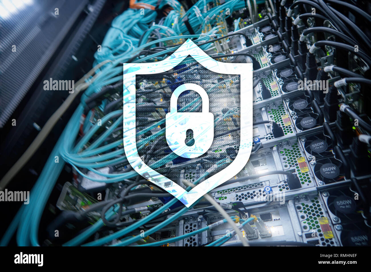 Cyber protection shield icon on server room background. Information ...