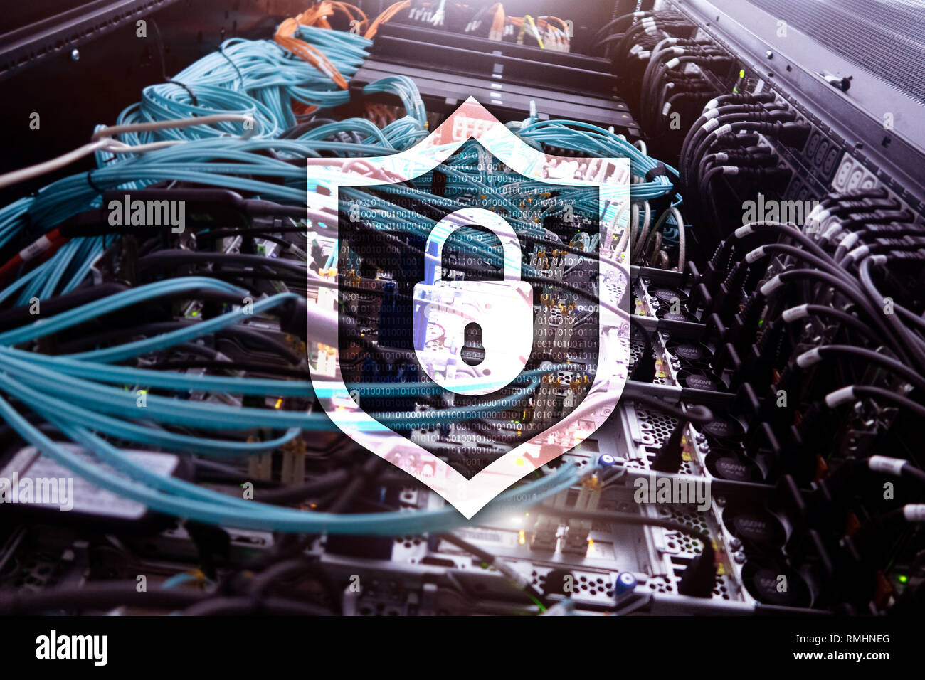 Cyber protection shield icon on server room background. Information ...
