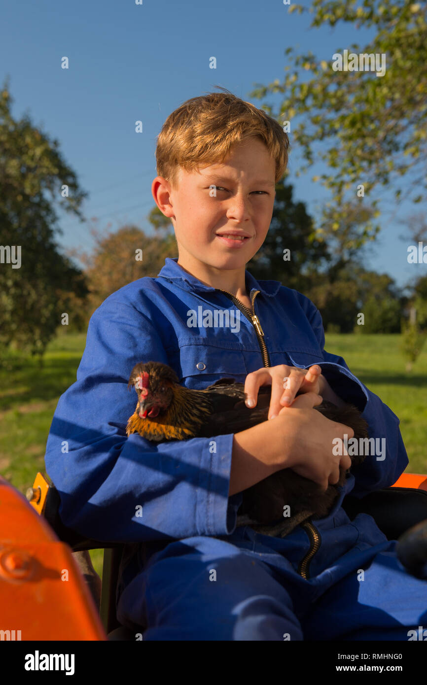 Farm boy with chicken riding on orange tractor Stock Photo - Alamy