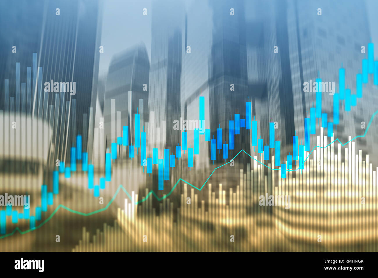 Stock trading candlestick chart and diagrams on blurred office center ...
