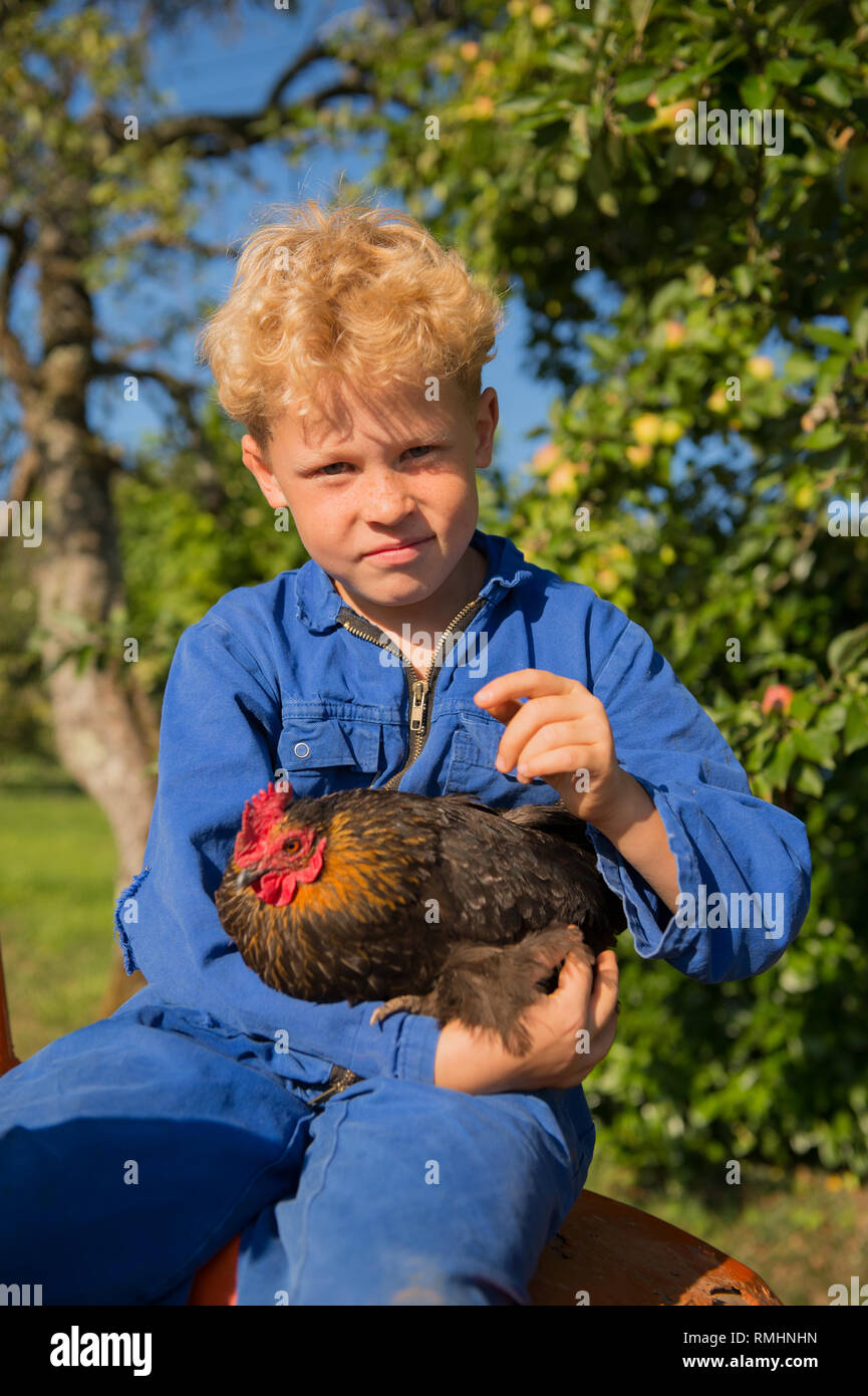 Farm boy with chicken riding on orange tractor Stock Photo - Alamy