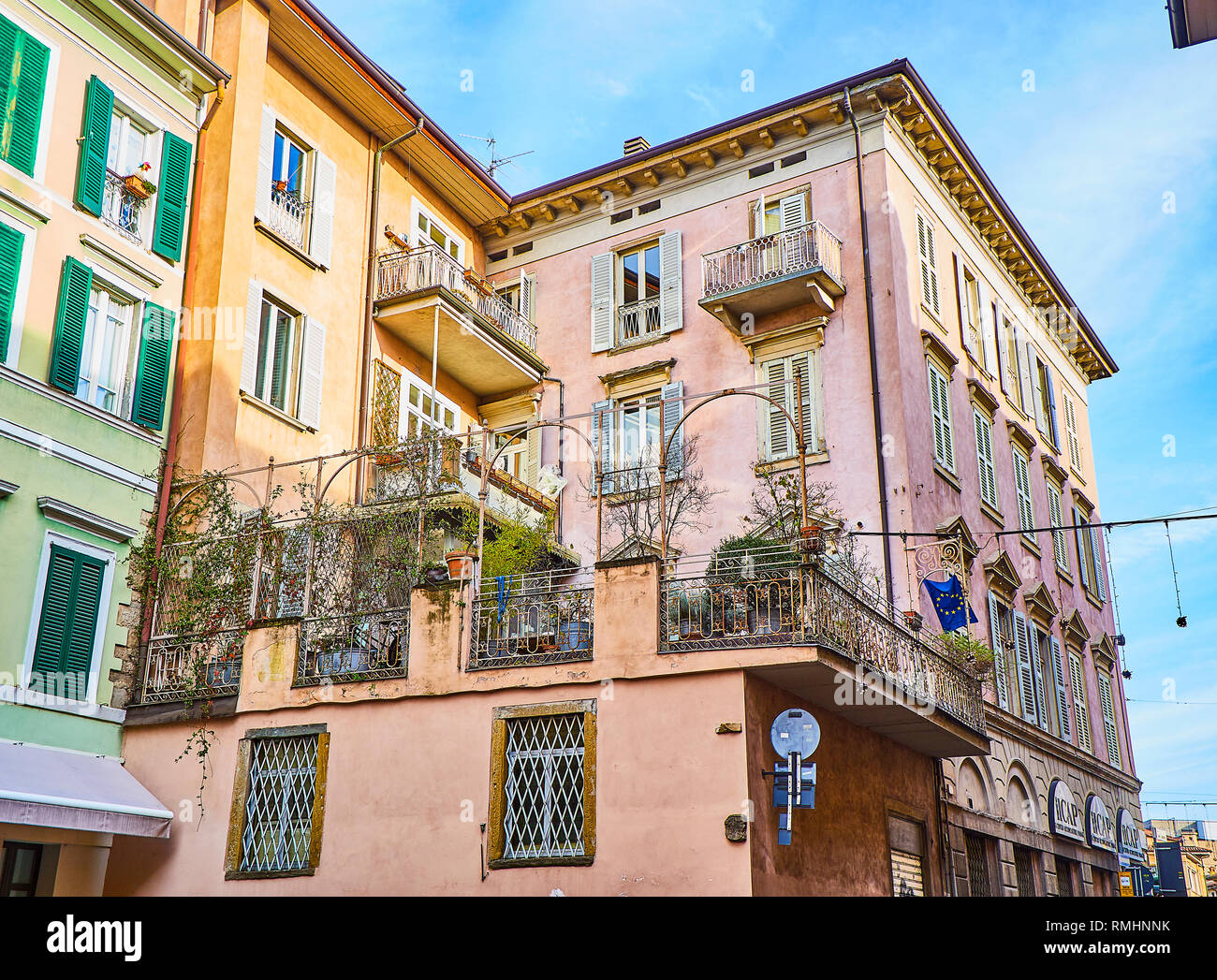 Bergamo, Italy - January 4, 2019. Neoclassical facade of an antique ...