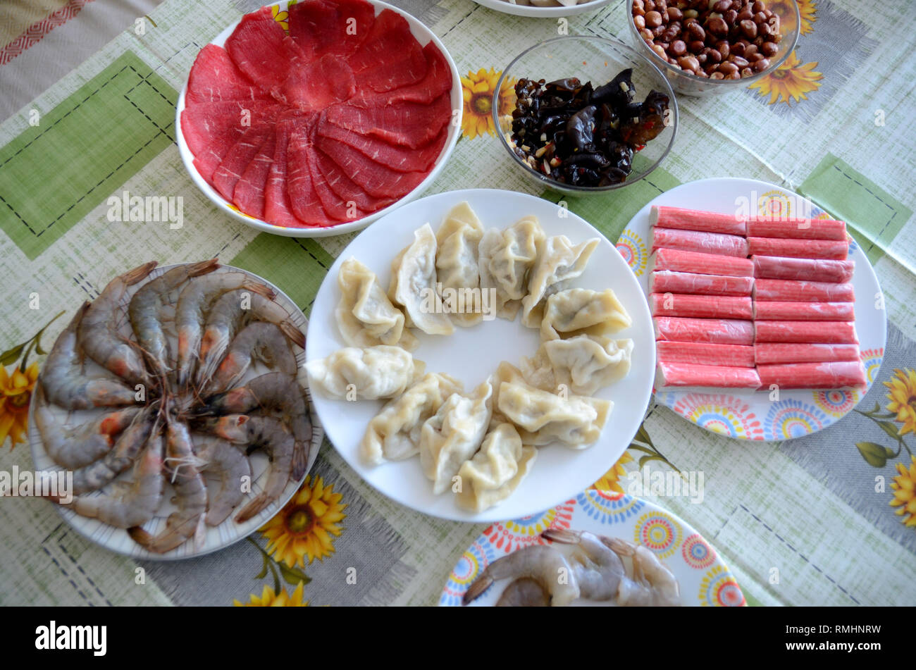 Fresh food prepared for Chinese hot pot. Food for boiling in soup ...