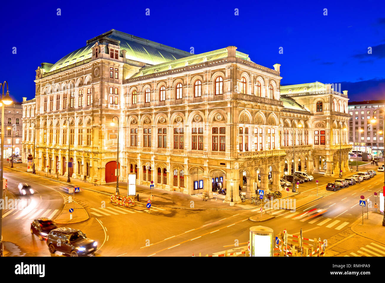Vienna state Opera house square and architecture evening view, capital ...