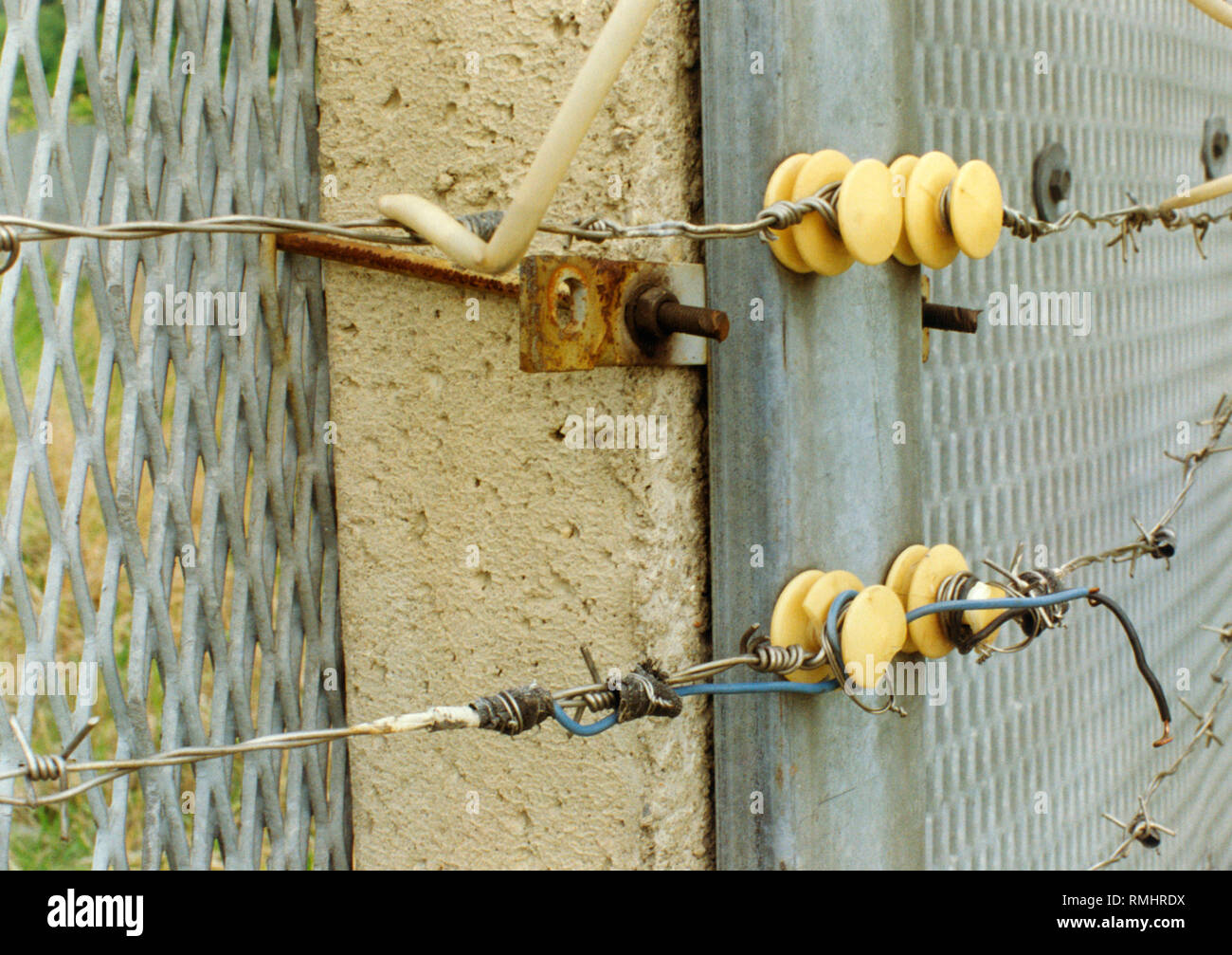 Closeup of the electric border fence at the inner German border, which ...
