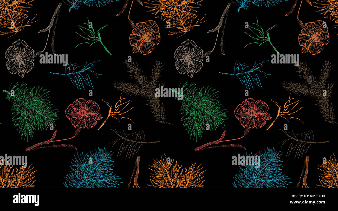 Seamless flowers pattern with trees and leaves Stock Photo - Alamy