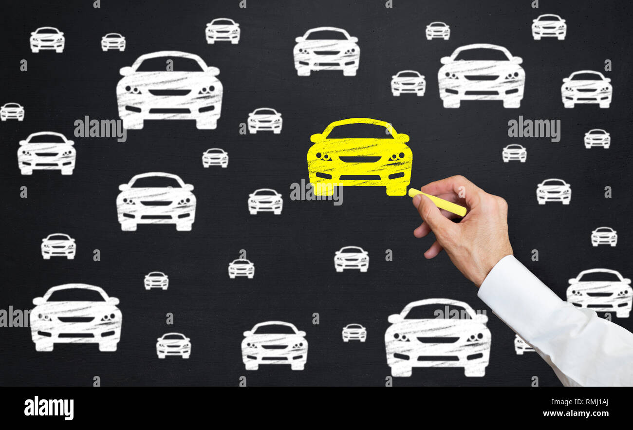 hand drawing car icon. Man point yellow car icon with chalk on ...