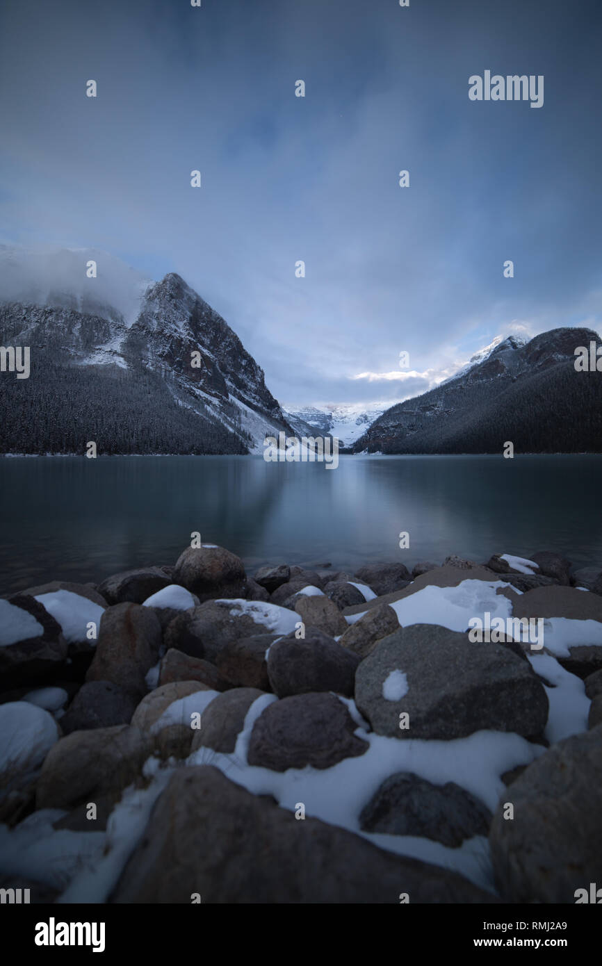 Evening photographs of Lake Louise on a Winter Day, fresh snow covering ...