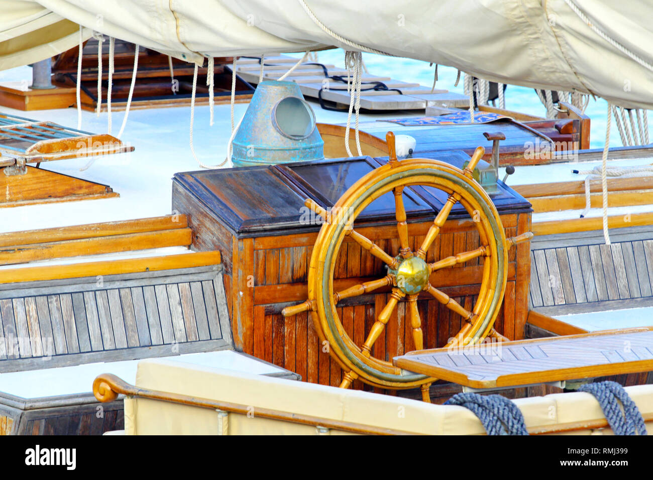 Old sail ship bridge with wooden wheel Stock Photo - Alamy