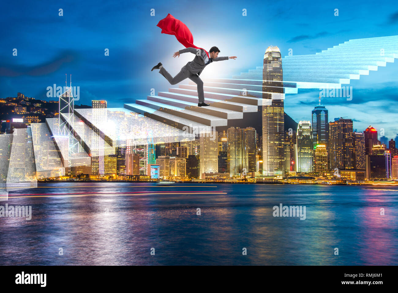 Superhero businessman climbing career ladder Stock Photo - Alamy