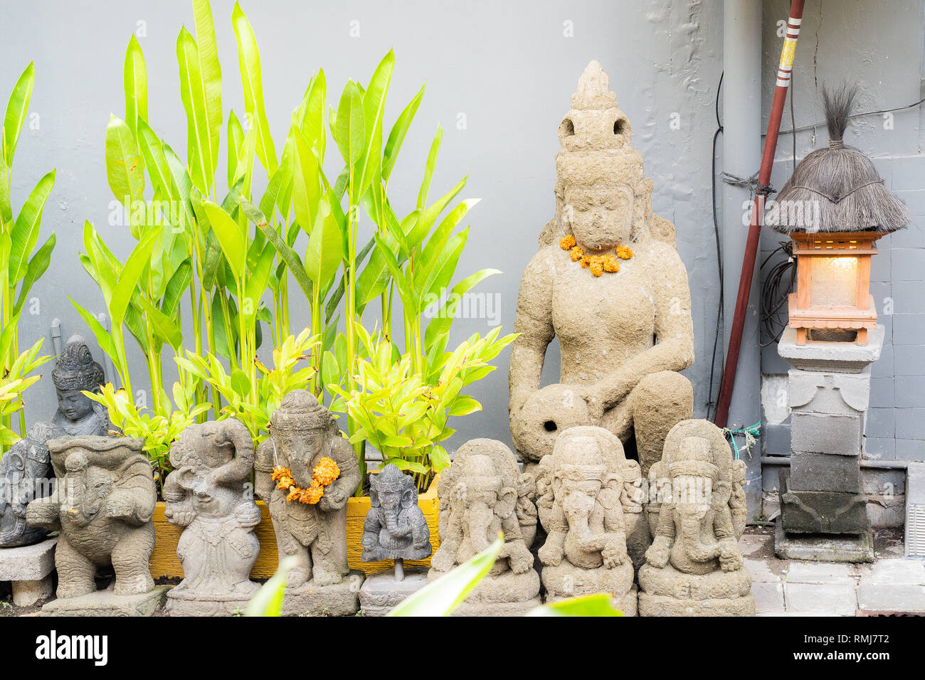 Balinese home decorative statues on a display in the stone craft shop ...