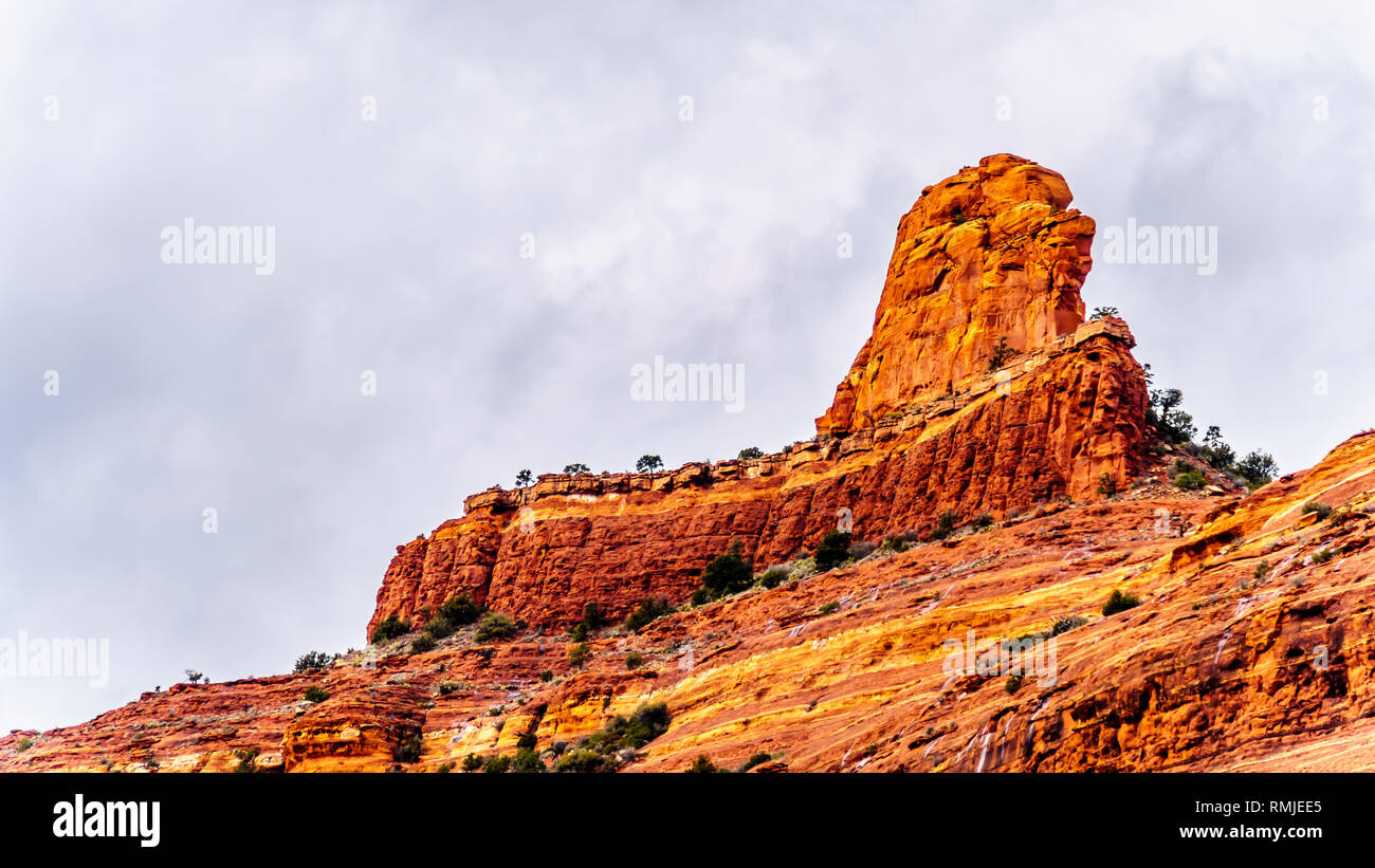 Closeup of the red sandstone peak of Steamboat Rock at the Oak Creek ...