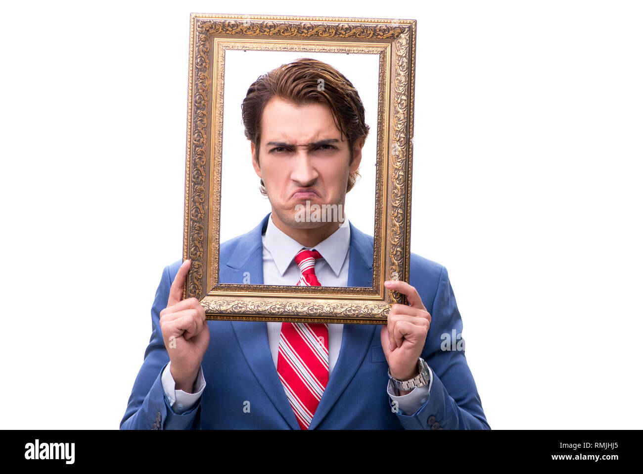 Elegant businessman with picture frame isolated on white Stock Photo ...