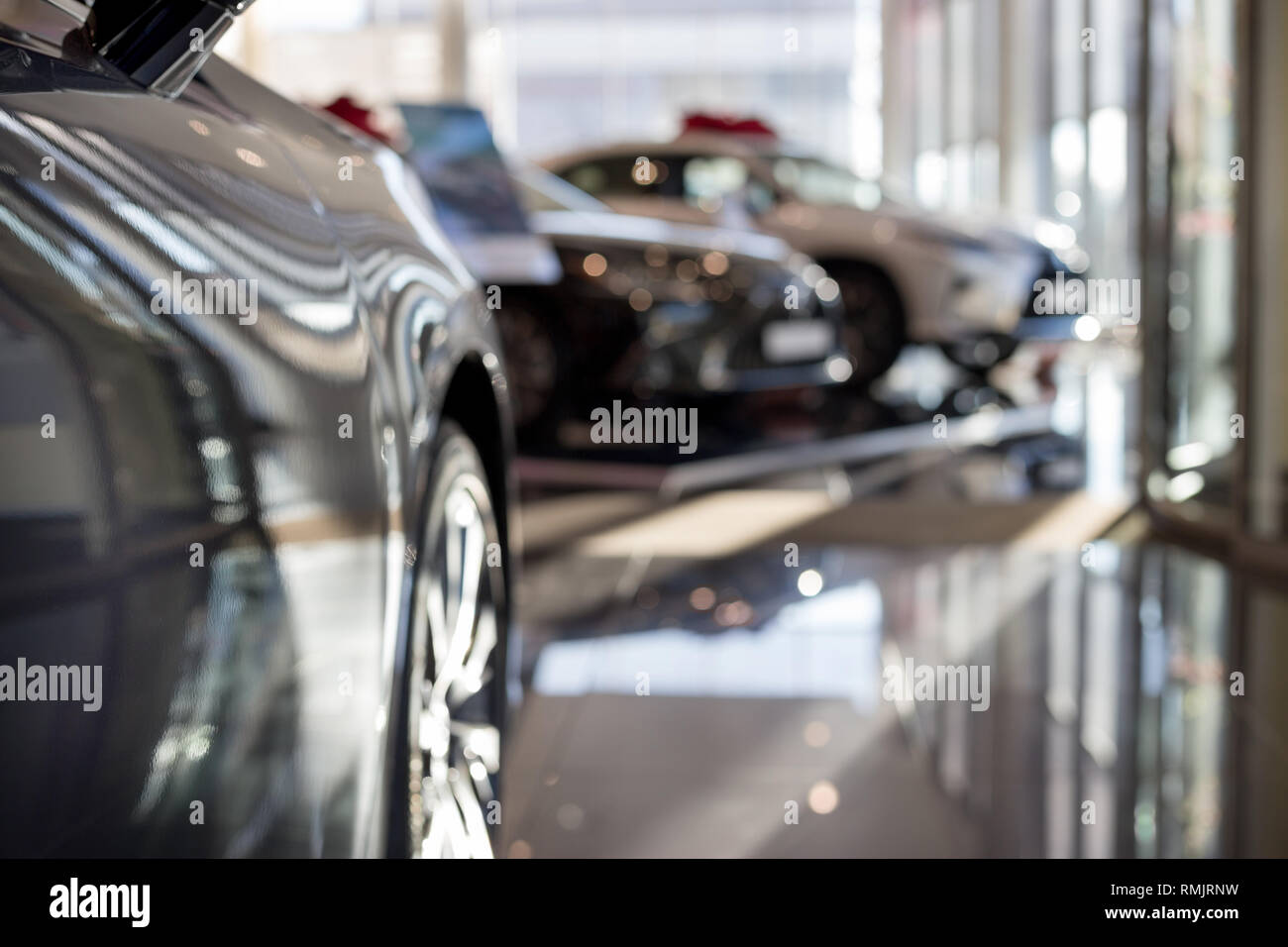 Car auto dealership. New cars at dealer showroom. Prestigious vehicles ...