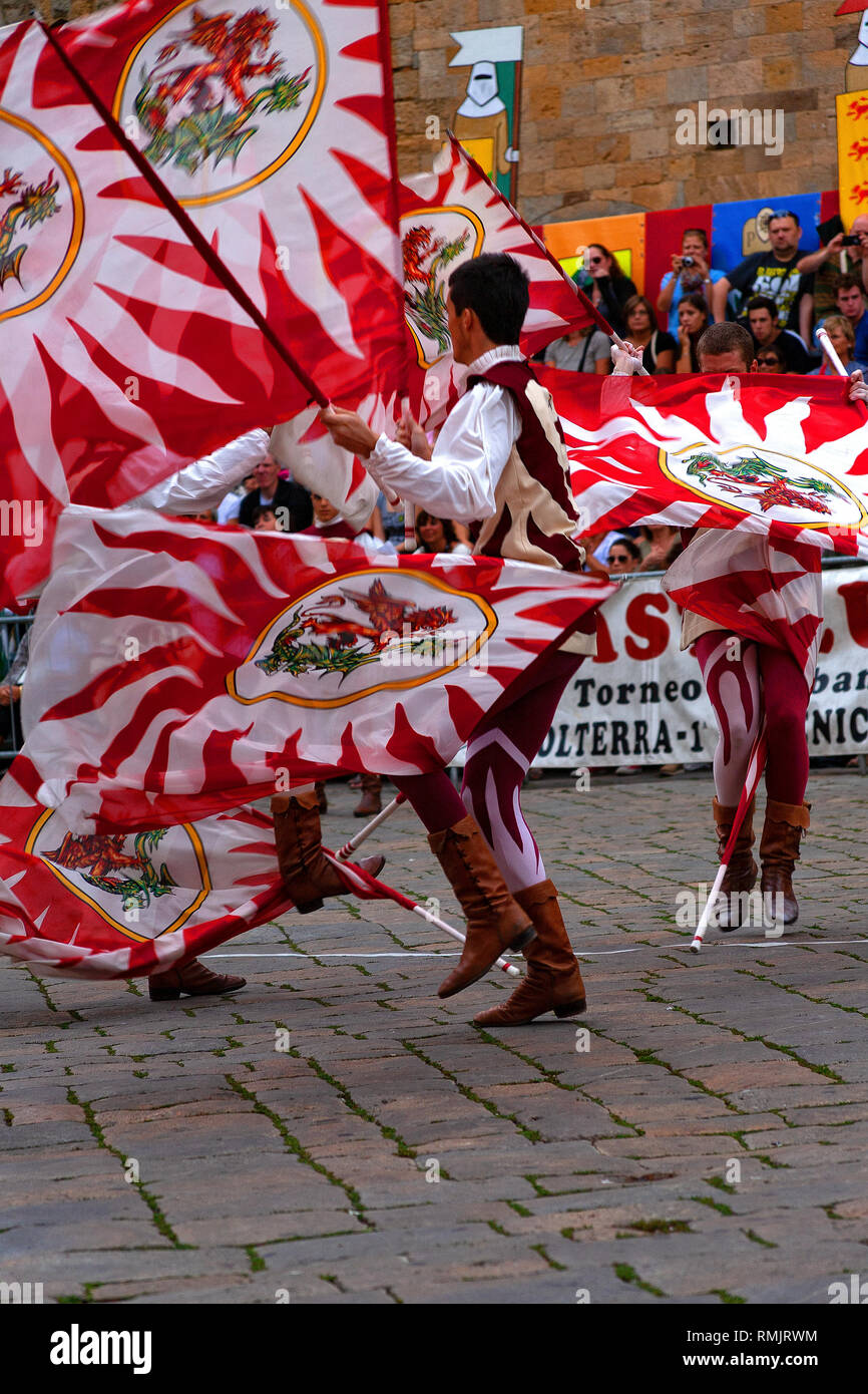 Volterra Italy Europe flag throwing competition. Volterra Hill town ...