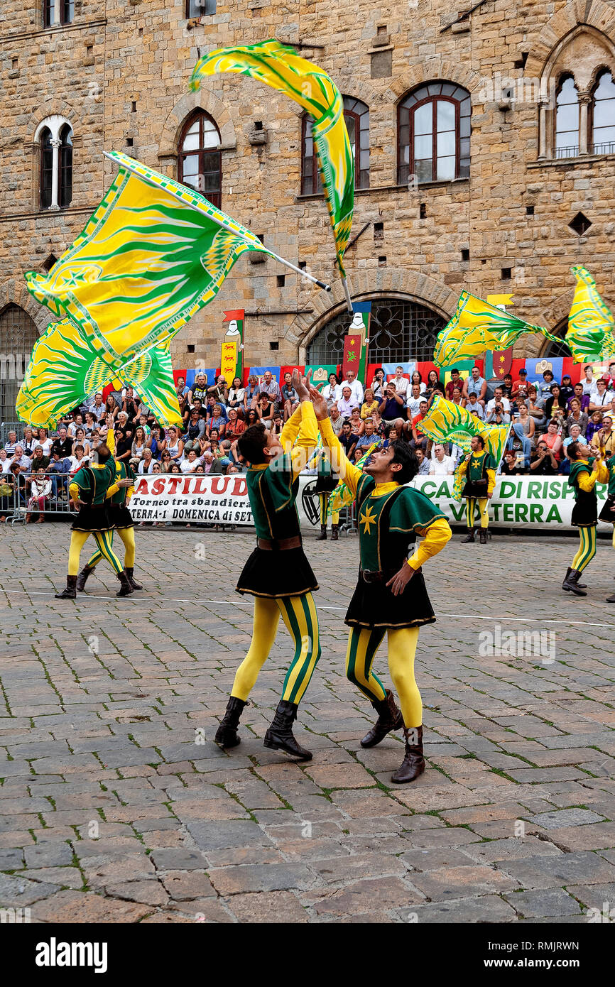 Volterra Italy Europe flag throwing competition. Volterra Hill town ...