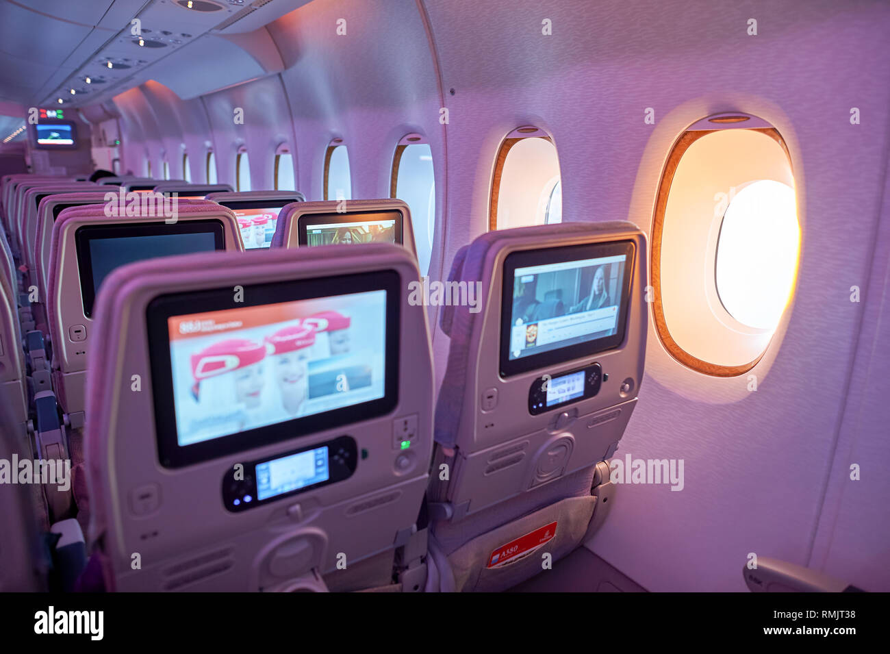 HONG KONG - MARCH 09, 2015: inside of Emirates Airbus A380. The Airbus ...