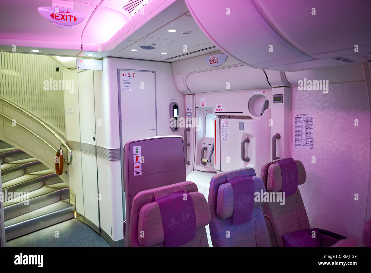 HONG KONG - MARCH 09, 2015: inside of Emirates Airbus A380. The Airbus ...