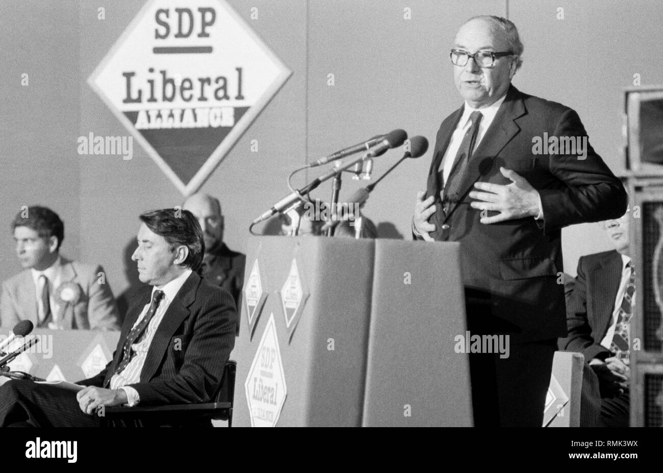 Roy Jenkins, leader of the Social Democratic Party (SDP), giving a ...