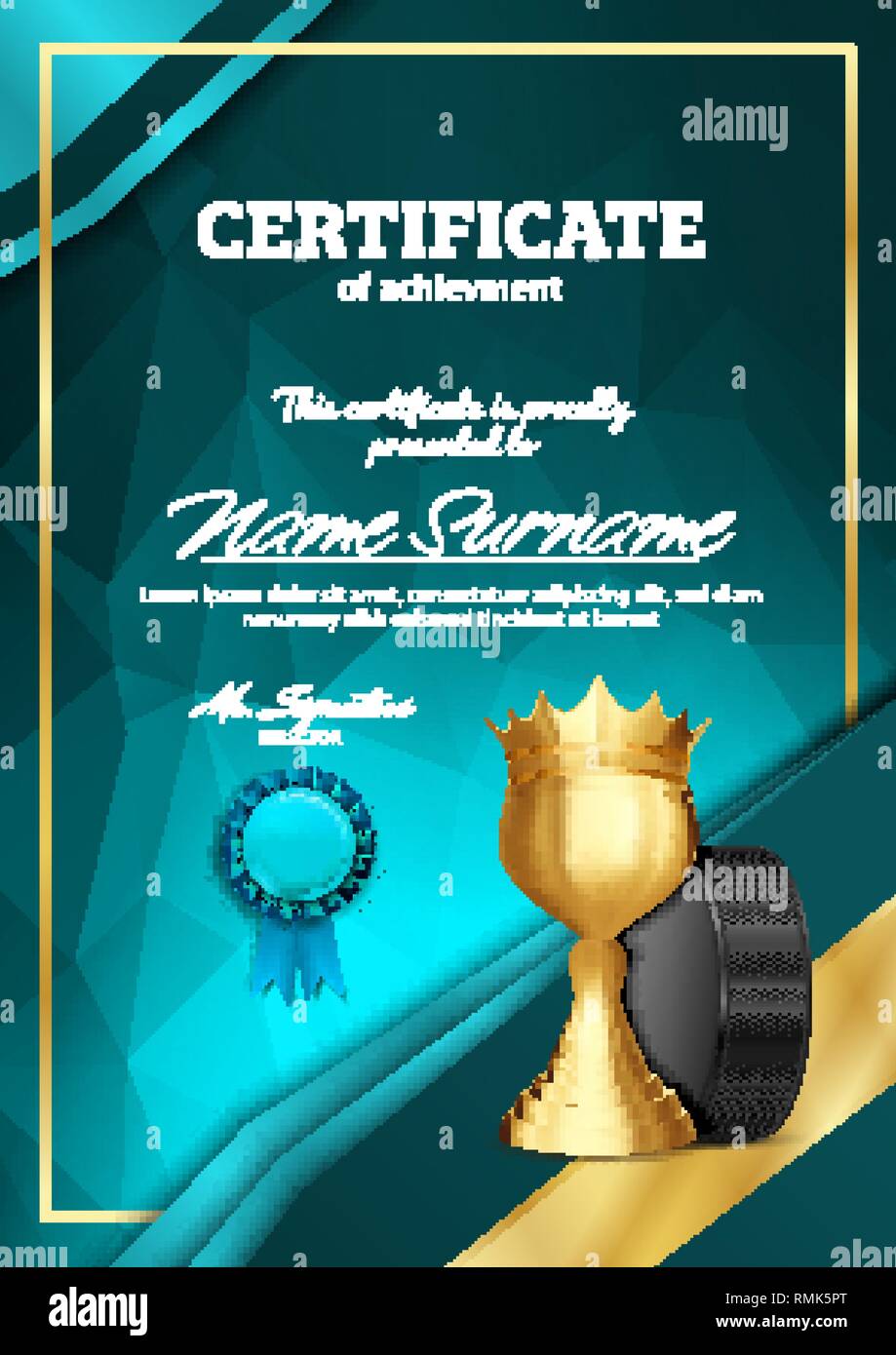 Ice Hockey Certificate Diploma With Golden Cup Vector. Sport Graduation ...