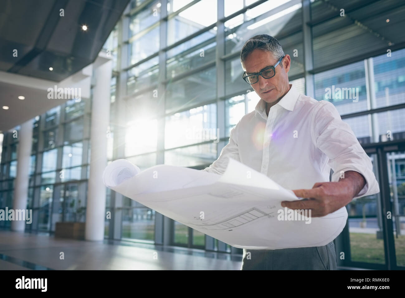 Businessman reading a blueprint plan in office Stock Photo - Alamy