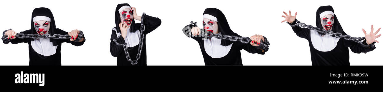 Weird female nun with shackles isolated on white Stock Photo - Alamy