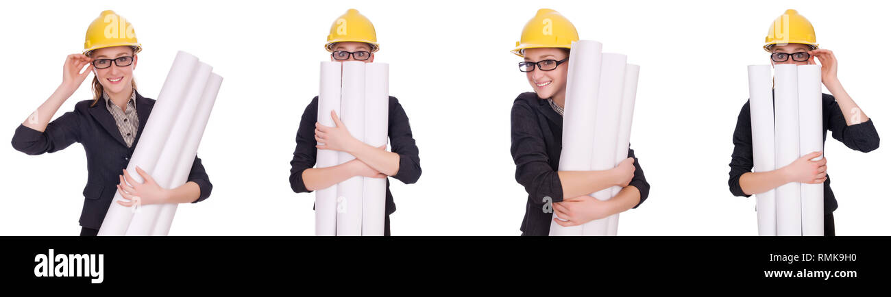 Female architect with blueprint isolated in white Stock Photo - Alamy