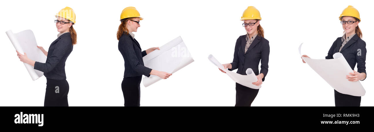 Female architect with blueprint isolated in white Stock Photo - Alamy
