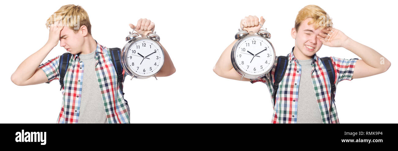 Young boy with alarm-clock in time management concept Stock Photo - Alamy