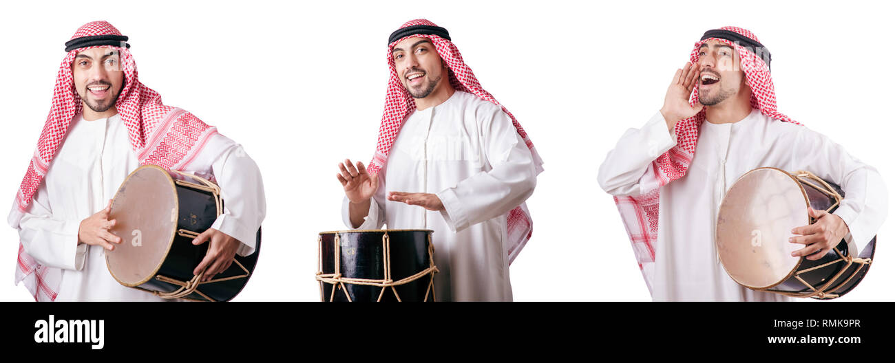 Arab man with drum isolated on white Stock Photo - Alamy