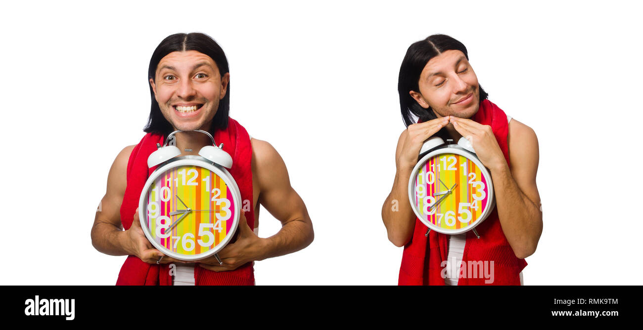 Funny man with clock isolated on white Stock Photo - Alamy