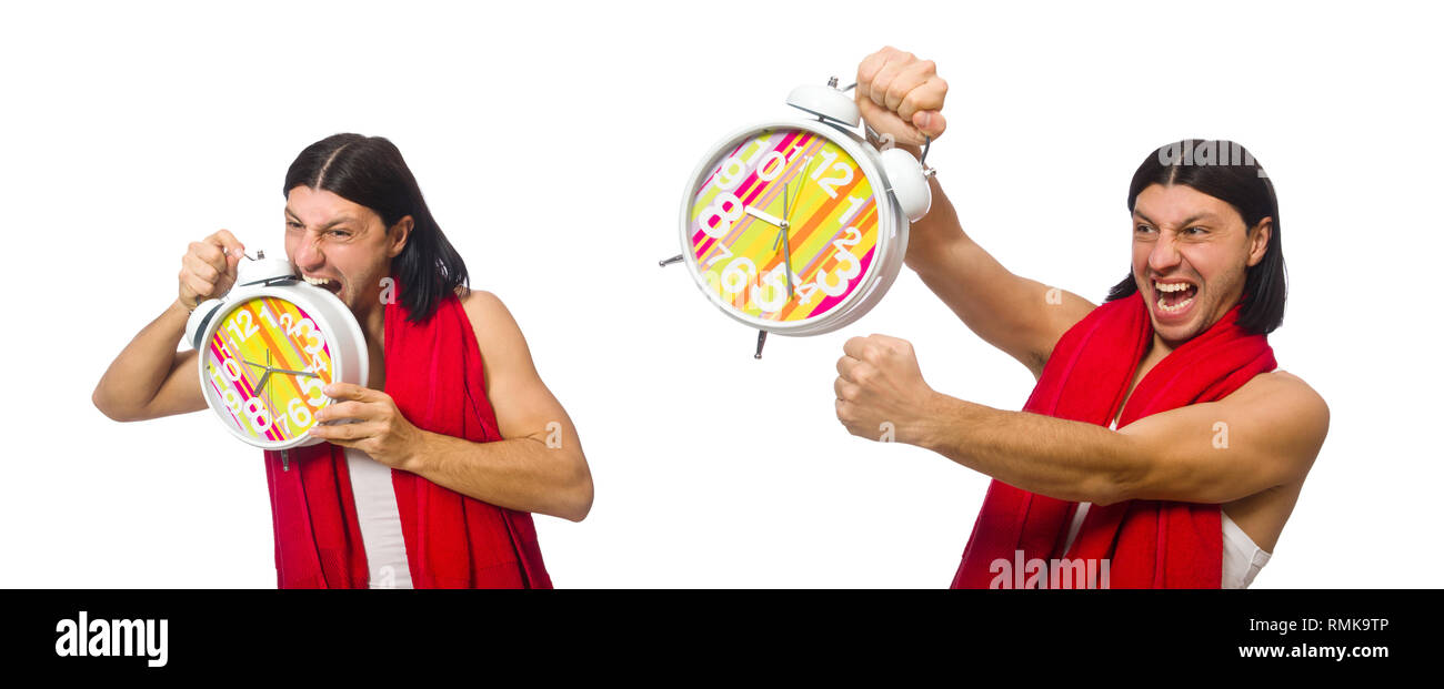 Funny man with clock isolated on white Stock Photo - Alamy