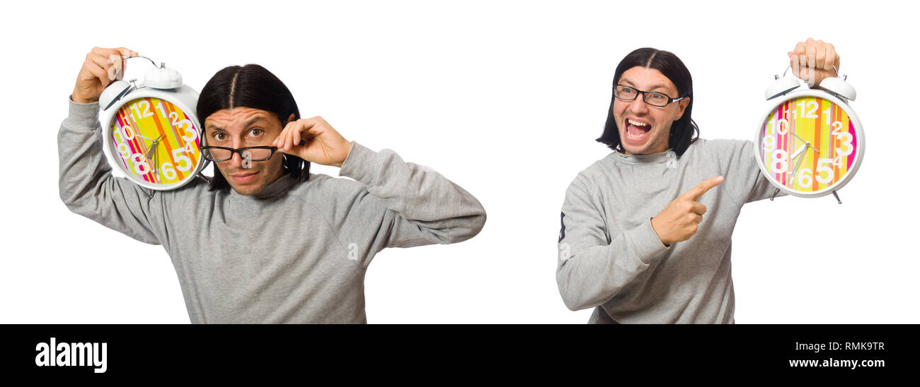 Funny man with clock isolated on white Stock Photo - Alamy