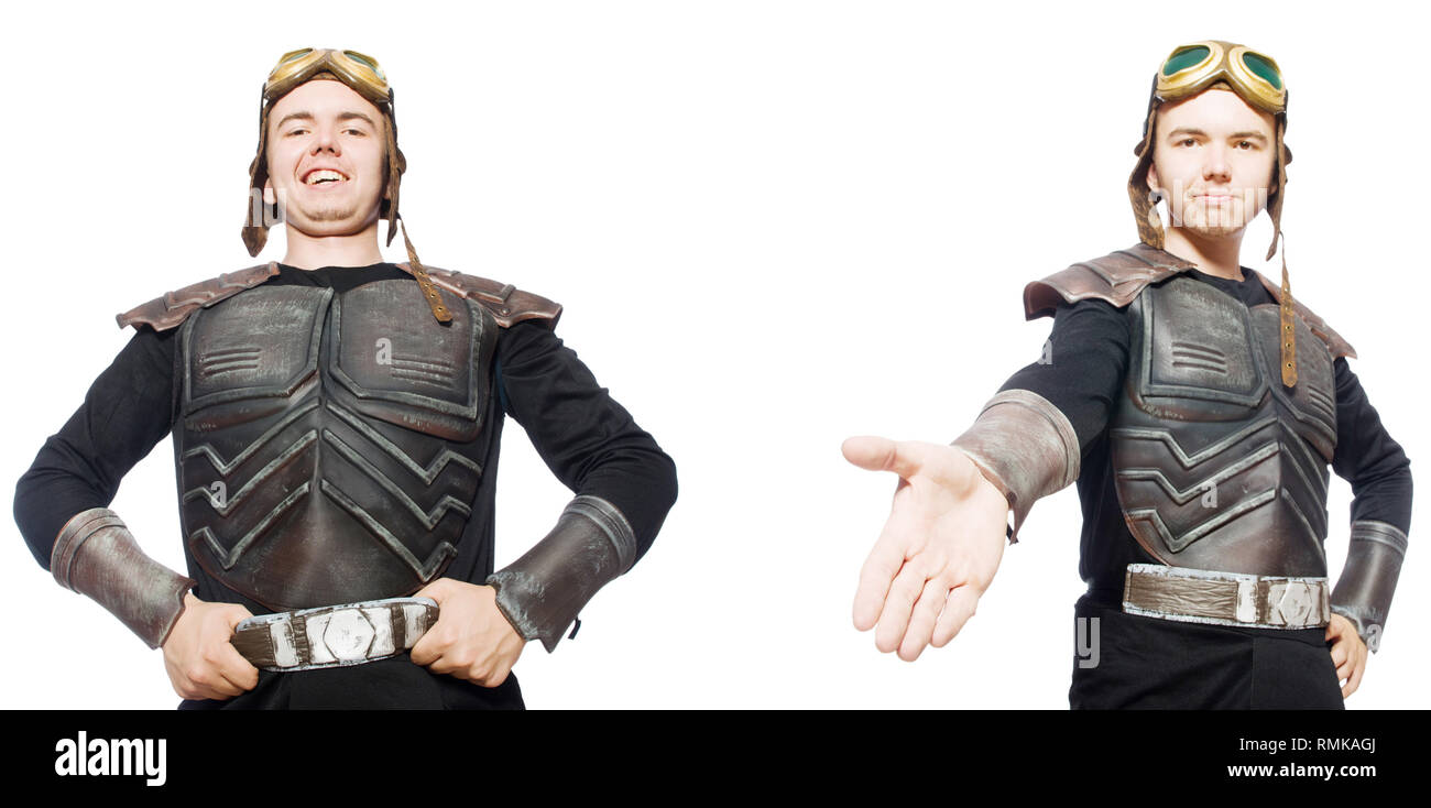 Young funny man in armour suit Stock Photo - Alamy