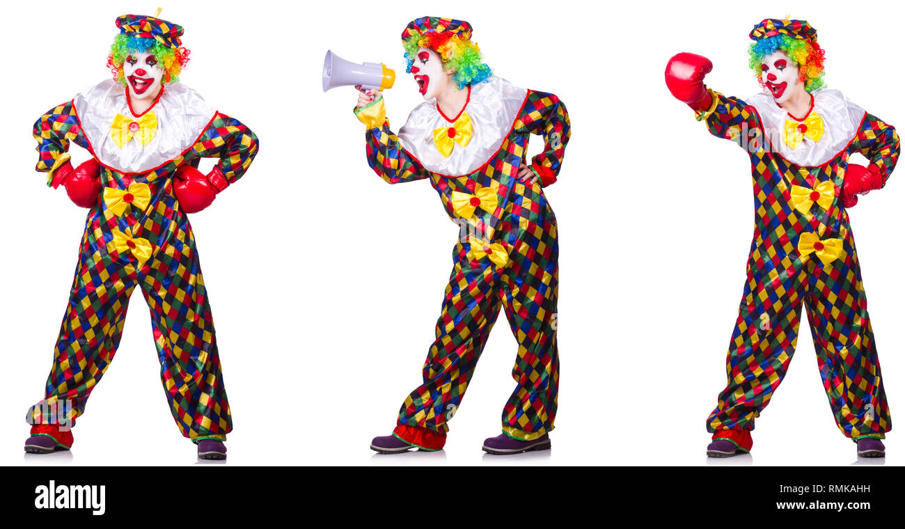 Funny male clown with boxing gloves and loudspeaker Stock Photo - Alamy