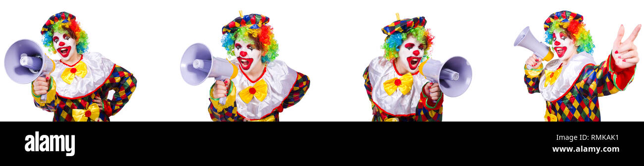 Funny male clown with megaphone Stock Photo - Alamy