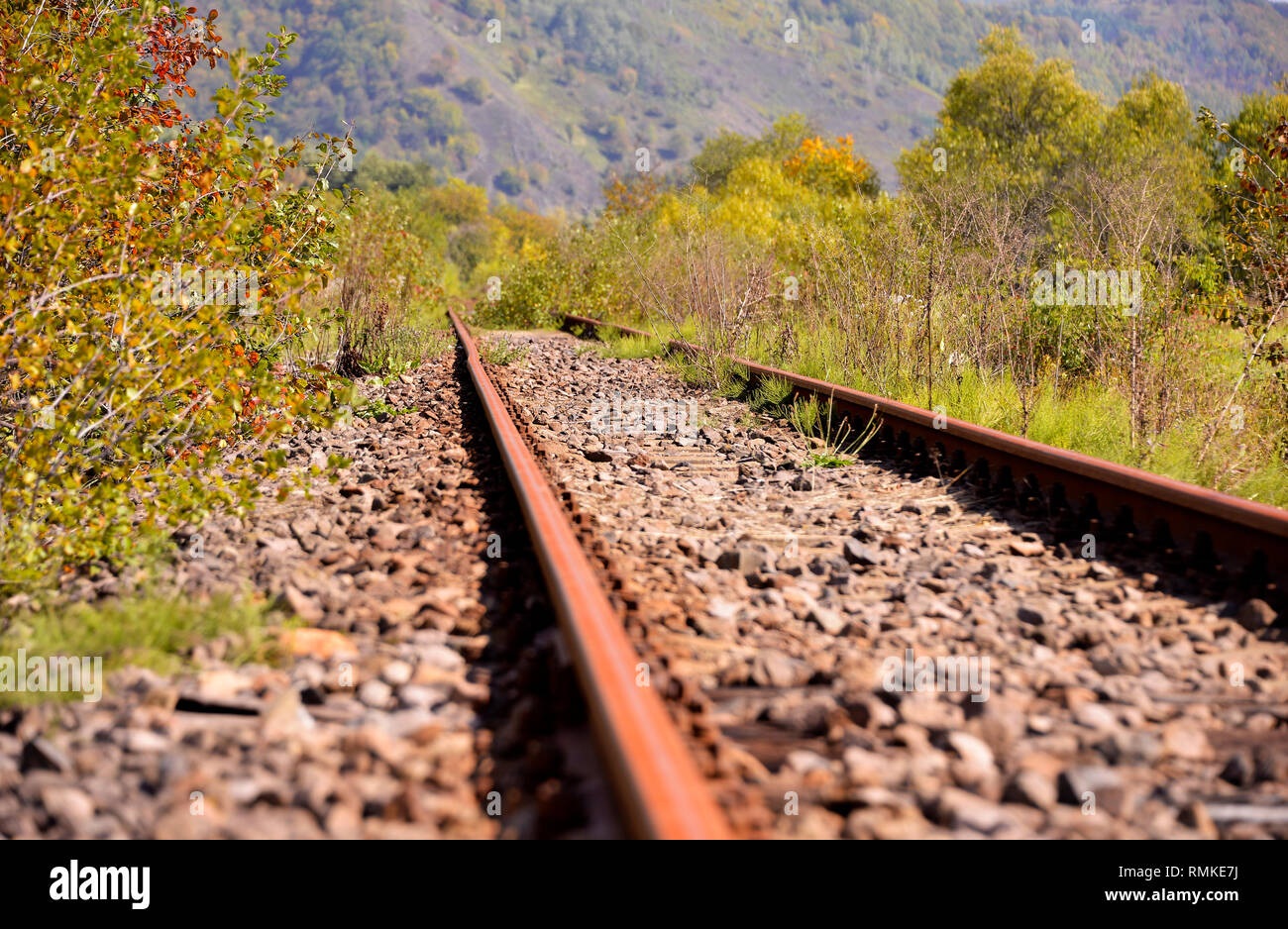 Detail of empty rails, old rails in landscape Stock Photo - Alamy