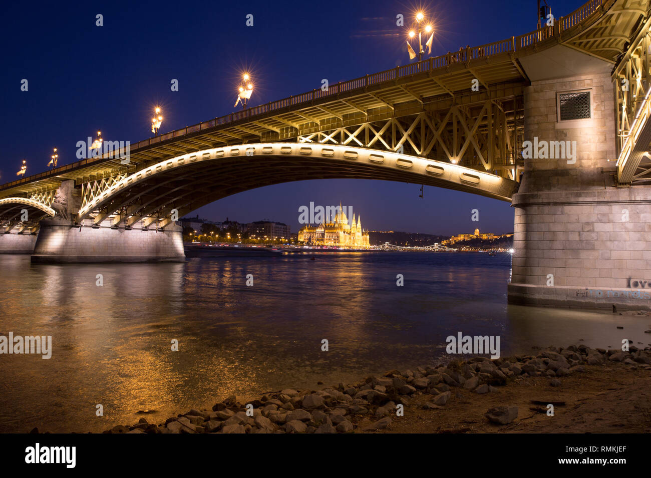 Night city scape of the Margaret Bridge looking out at the Hungarian ...
