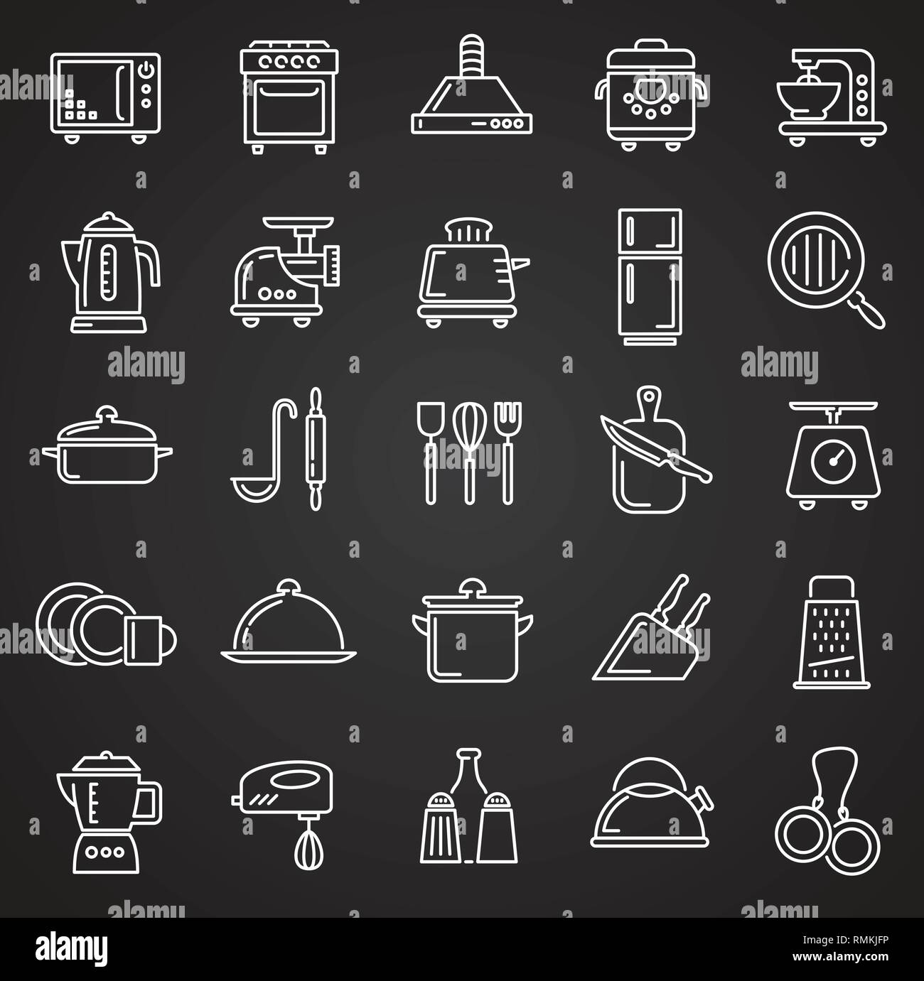 Kitchen appliances line icons set on black background for graphic and ...