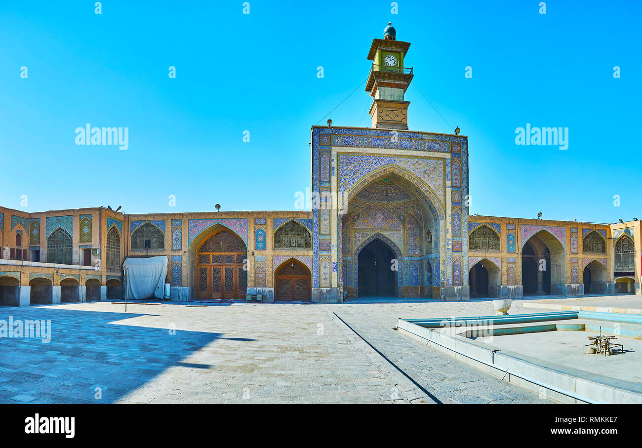 Panorama of the Sahn of Seyed Mosque with large portal, decorated with ...